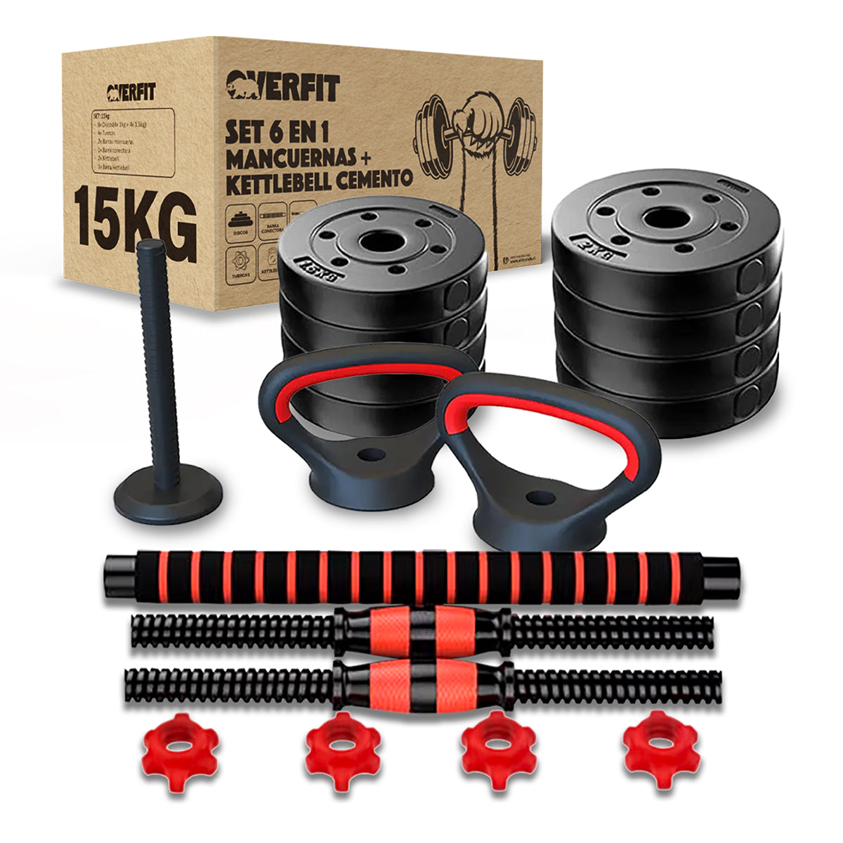 Set Mancuernas + Barra + Kettlebell Unibles Overfit 15kg – ET Brands